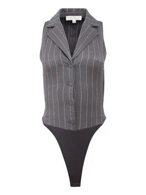 Fleur Du Mal Maxwell Vest Bodysuit - Dark Grey Pinstripe