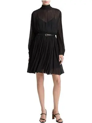 Vince Crinkle Stripe Mock-neck Dress - Black