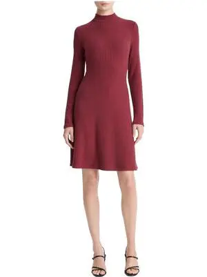 Vince Cozy Rib Mock-neck Long-sleeve A-line Dress - Burgundy