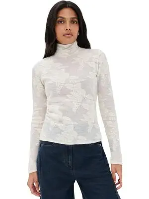 GANNI Sheer Flower Jacquard Mock Neck - Egret