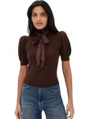 Alice + Olivia Chase Puff Sleeve Ruffle Neck Sweater - Dark Chocolate