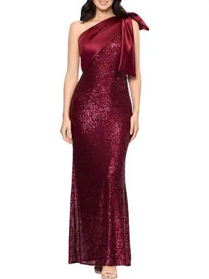 Betsy & Adam Sequin Bow One-shoulder Column Gown - Burgundy
