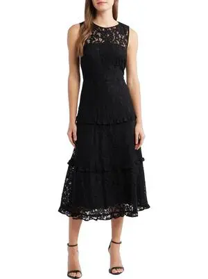 Anne Klein Sleeveless Tiered Ruffle Lace Midi Dress - Anne Black