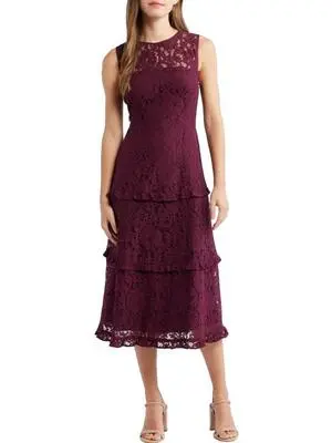 Anne Klein Sleeveless Tiered Ruffle Lace Midi Dress - Dark Chianti