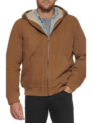 LEVI'S Workwear Cotton Canvas Faux Shearling Lined Hoodie Bomber Jacket - Brown