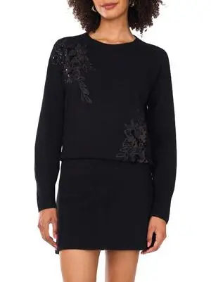 Vince Camuto Sequin Beaded Embroidery Detail Sweater - Rich Black