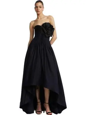 Bcbgmaxazria Taffeta High-low Gown With Floral Appliqu - Black & Sky Captain Combo