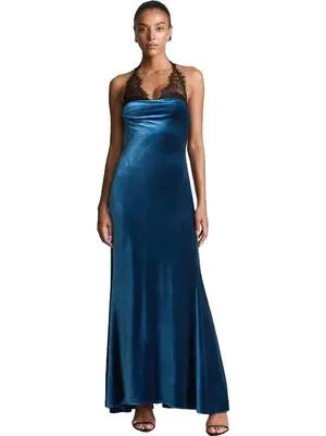 Bcbgmaxazria Lace Velvet Halter Gown - Black & Sky Captain Combo
