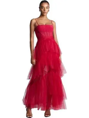 Bcbgmaxazria Oly Tiered Ruffle Tulle Evening Gown - Chilli Pepper