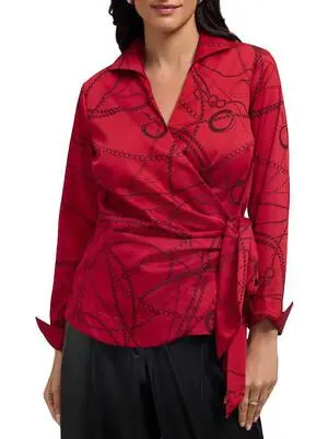 Foxcroft Salina Print Wrap Shirt Red/black