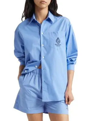 SPORTY & RICH Crown Tennis Embroidered Oversized Poplin Button-up Shirt - Flax Blue