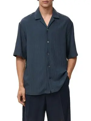 Mango Stripe Embroidered Camp Shirt - Navy