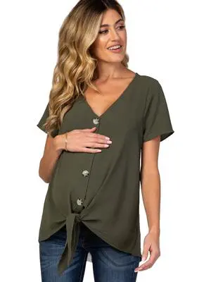 PINKBLUSH Button Tie Front Maternity Top - Light Olive