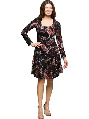 24SEVEN COMFORT APPAREL Paisley Print Long Sleeve Fit And Flare Dress - Black Multi