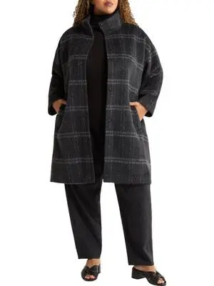 Eileen Fisher Plaid Alpaca And Wool-blend Stand-collar Coat - Charcoal