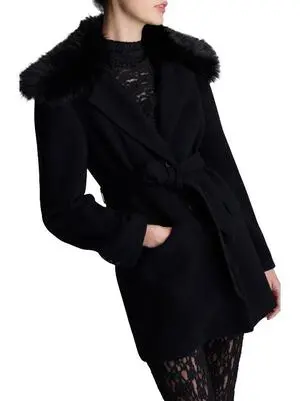 KENNETH COLE Belted Jacket With Faux Fur Collar - Black