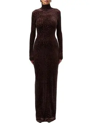 Naked Wardrobe Burnout Long Sleeve Maxi Dress - Leopard Dark Chocolate