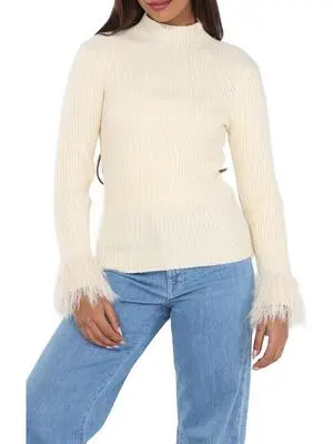 RAIN AND ROSE Faux Feather Cuff Ribbed Sweater Cream