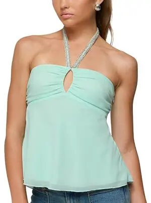 EDIKTED Sequin Chiffon Keyhole Halter Top - Aqua