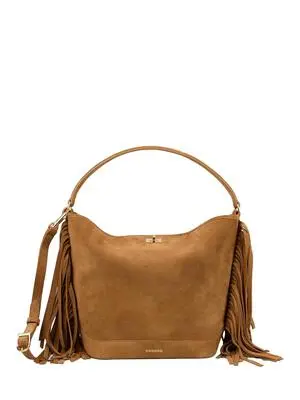 Sandro Tangoso Fringed Suede Bucket Bag Camel