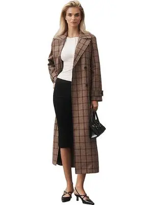 Avec Les Filles Belted Plaid Trench Coat - Brown/orange Plaid
