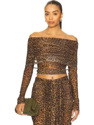 Lapointe Printed Mesh Off-the-shoulder Top - Brown