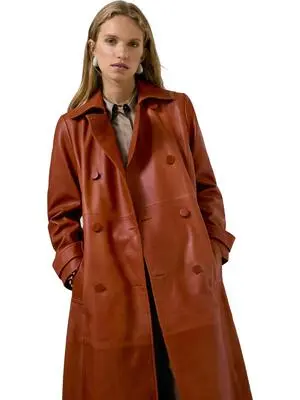 REISS Hattie Leather Double-breasted Trench Coat - Tan