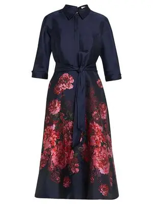 Rickie Freeman For Teri Jon Floral Paisley Jacquard Midi Shirtdress - Navy Multi