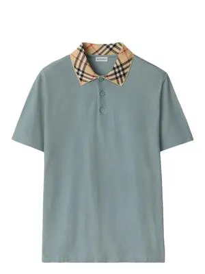 Burberry Check Collar Cotton Polo Shirt Blue Grey