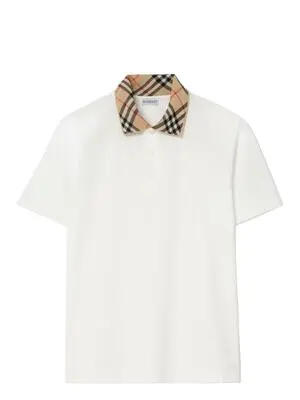 Burberry Check Collar Cotton Polo Shirt Chalk White