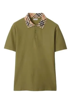 Burberry Check Collar Cotton Polo Shirt Estate Green