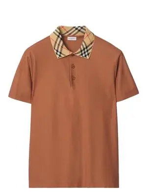 Burberry Check Collar Cotton Polo Shirt Ginger Brown