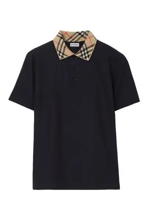 Burberry Check Collar Cotton Polo Shirt Navy