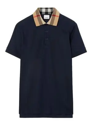 Burberry Check Collar Cotton Polo Shirt Smoked Navy