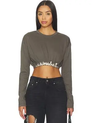 AREA Crystal Cluster Long Sleeve Cropped T-shirt - Charcoal
