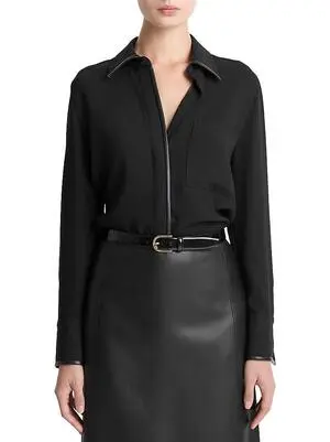 Vince Faux Leather Trim Blouse - Black