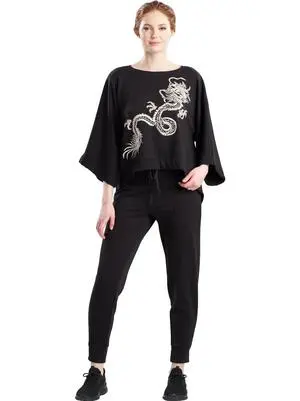 Natori Dragon Embroidered Kimono Top - Black
