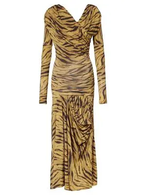 GANNI Asymmetric Draped Tiger-print Maxi Dress - Beige