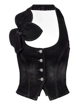 AREA Bow-detail Denim Top - Black