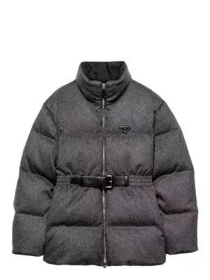 Prada Triangle-logo Belted Puffer Jacket - Grey