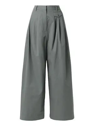 Tibi Pleated Cotton-twill Wide-leg Pants - Gray