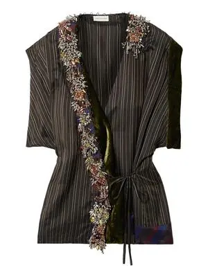 Dries Van Noten Velvet-trimmed Embellished Striped Satin Wrap Blouse - Brown