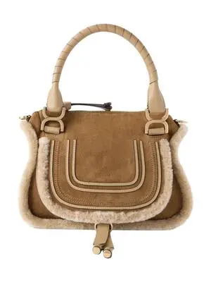 Chloé Marcie Small Leather And Shearling-trimmed Suede Shoulder Bag - Neutrals