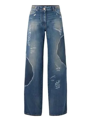 Versace Distressed Patchwork High-rise Wide-leg Jeans - Blue