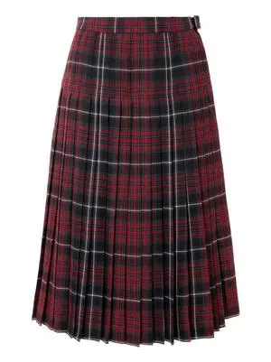 Burberry Buckled Pleated Checked Woven Midi Skirt - Red