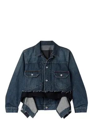 Sacai Layered Frayed Denim And Wool-felt Jacket - Blue