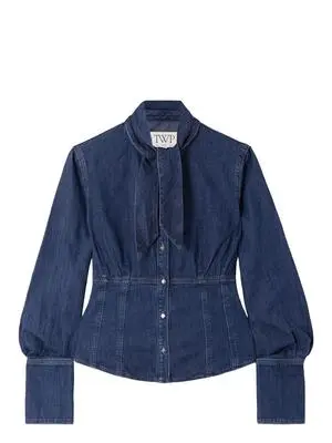 TWP Fifis Pussy-bow Paneled Denim Blouse - Blue