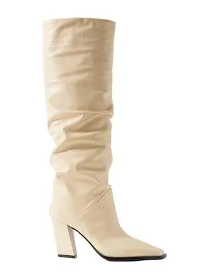 JIMMY CHOO Hart 85 Ruched Snake-effect Knee Boots - Off-white
