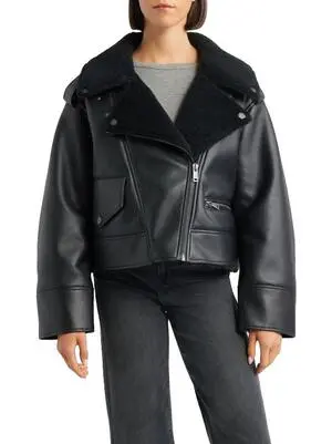 UGG Finnian Oversize Faux Leather & Luxefluff Moto Jacket - Black