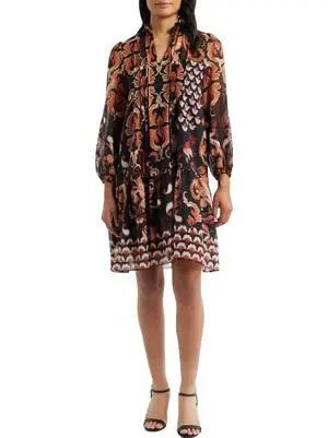 Julia Jordan Long Sleeve Chiffon Shift Dress - Black Orange